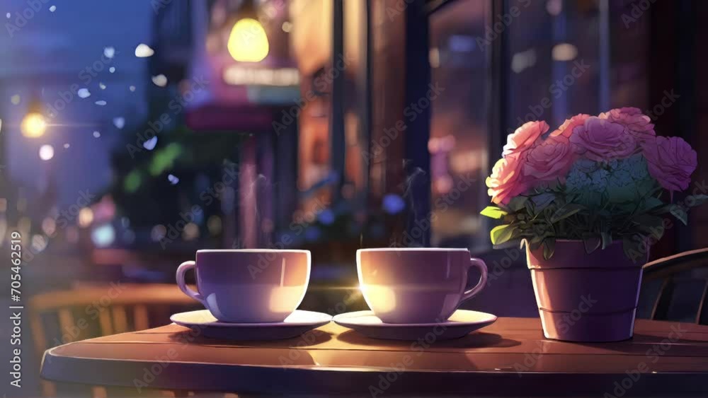 Animated illustration of a cup of warm coffee at a cafe table at night ...