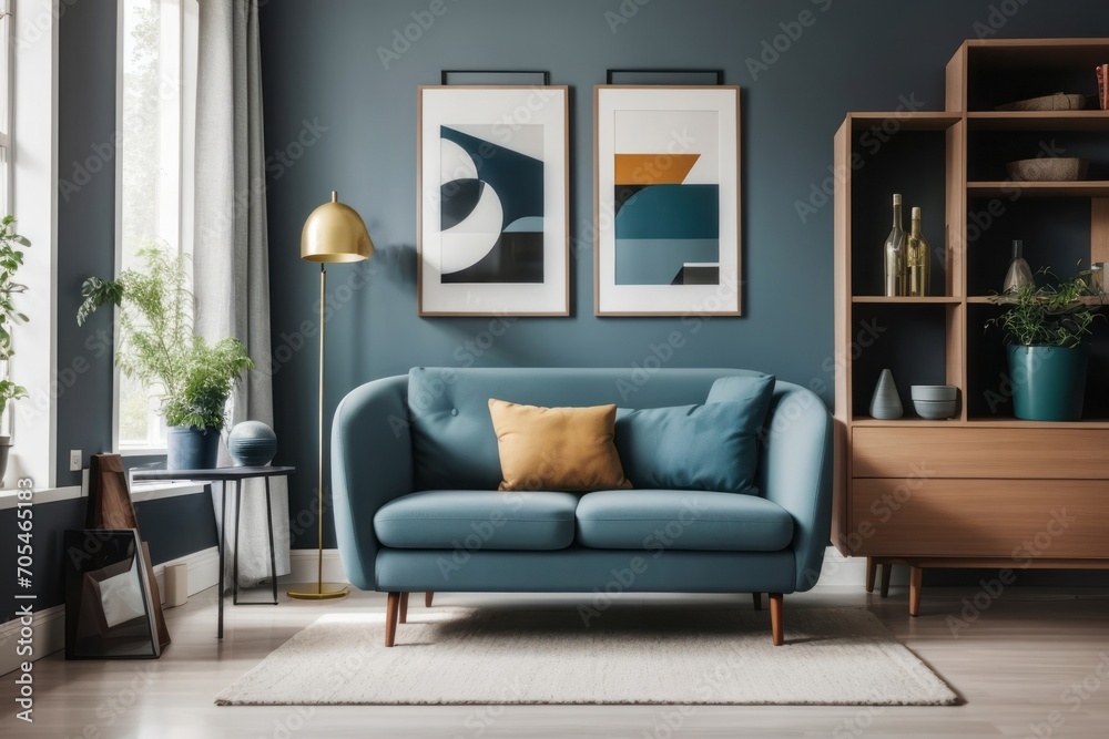 Scandinavian interior home design of modern living room with blue ...