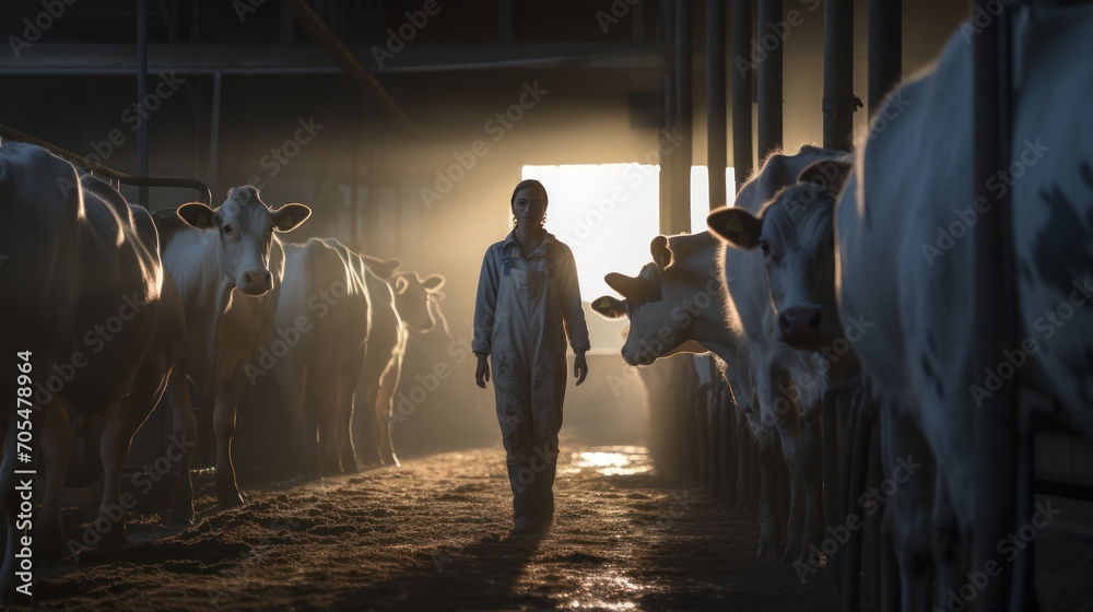 Photograph of Female worker on a cow dairy farm Stock Photo | Adobe Stock