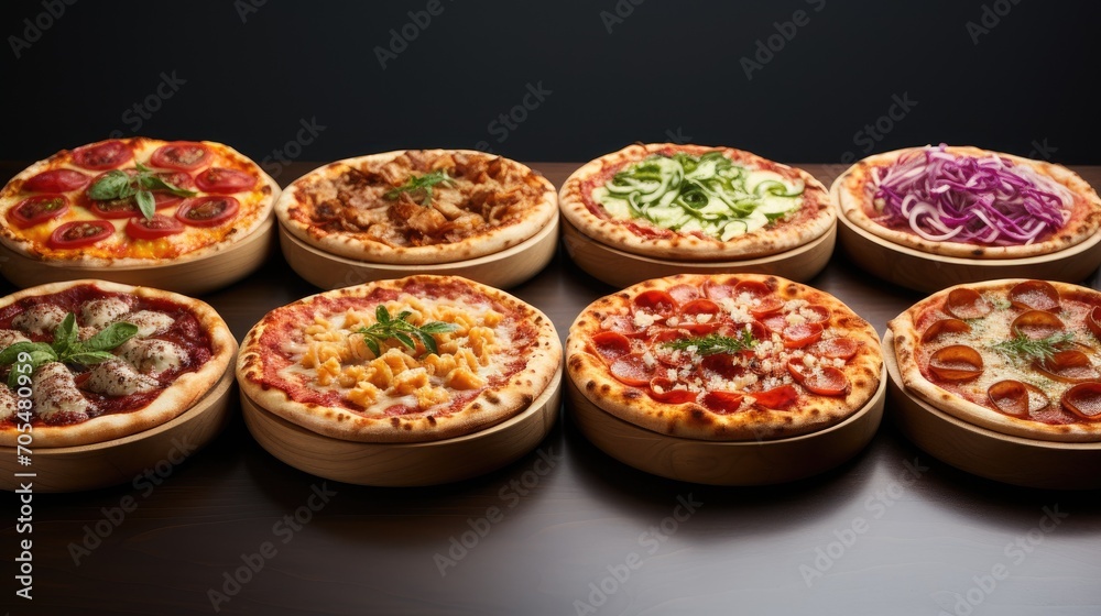 Six different pizza sets for the menu. Pepperoni, BBQ chicken, deluxe ...