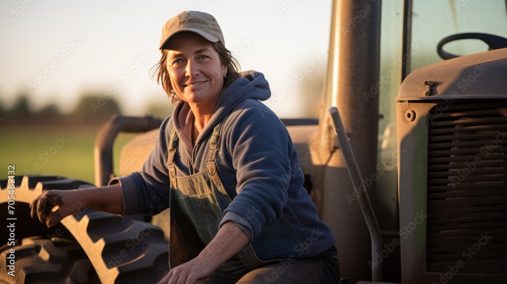 Smiling portrait of a middle aged female farmer working and living on a ...