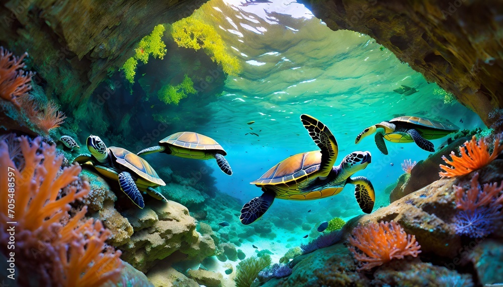 an imaginative scene of turtles exploring a hidden cave beneath the ...