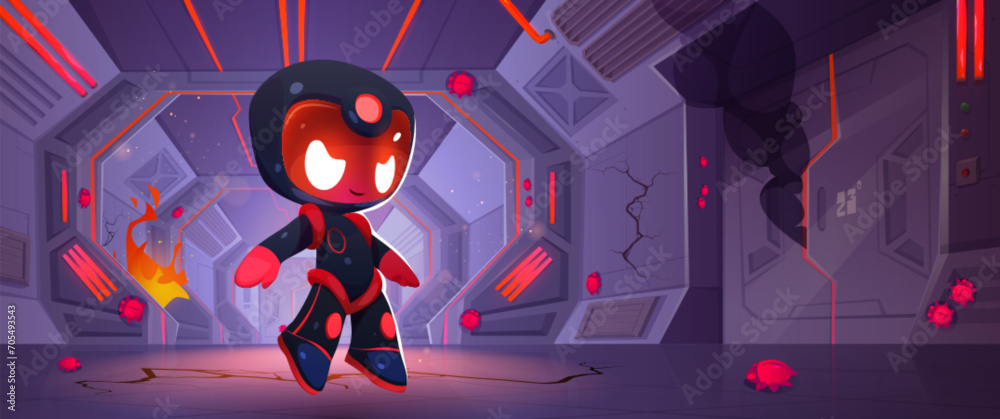 Evil robot in space ship with fire and flame. Vector cartoon ...