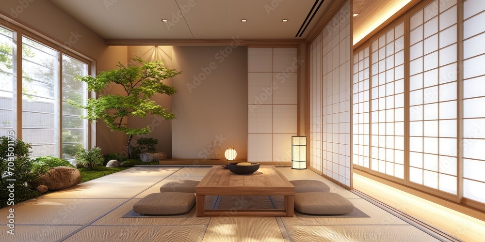 Zen-inspired meditation room with tatami mats, a low wooden table, and ...