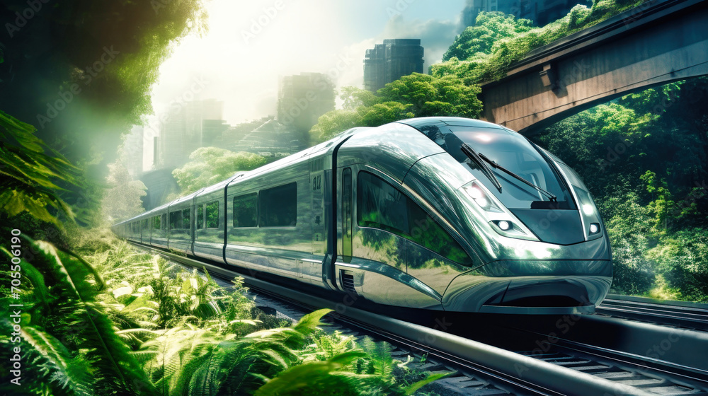 A high-speed train enters a futuristic train station, symbolizing the ...