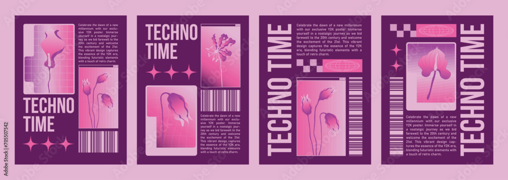 Y2k poster or cover design with bright pink flowers and text frame on ...