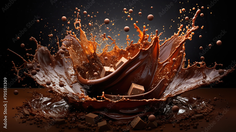 Chocolate splash in a cup of hot cocoa with marshmallows on a dark ...