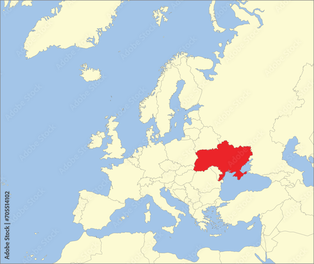 Red CMYK national map of UKRAINE inside detailed beige blank political ...