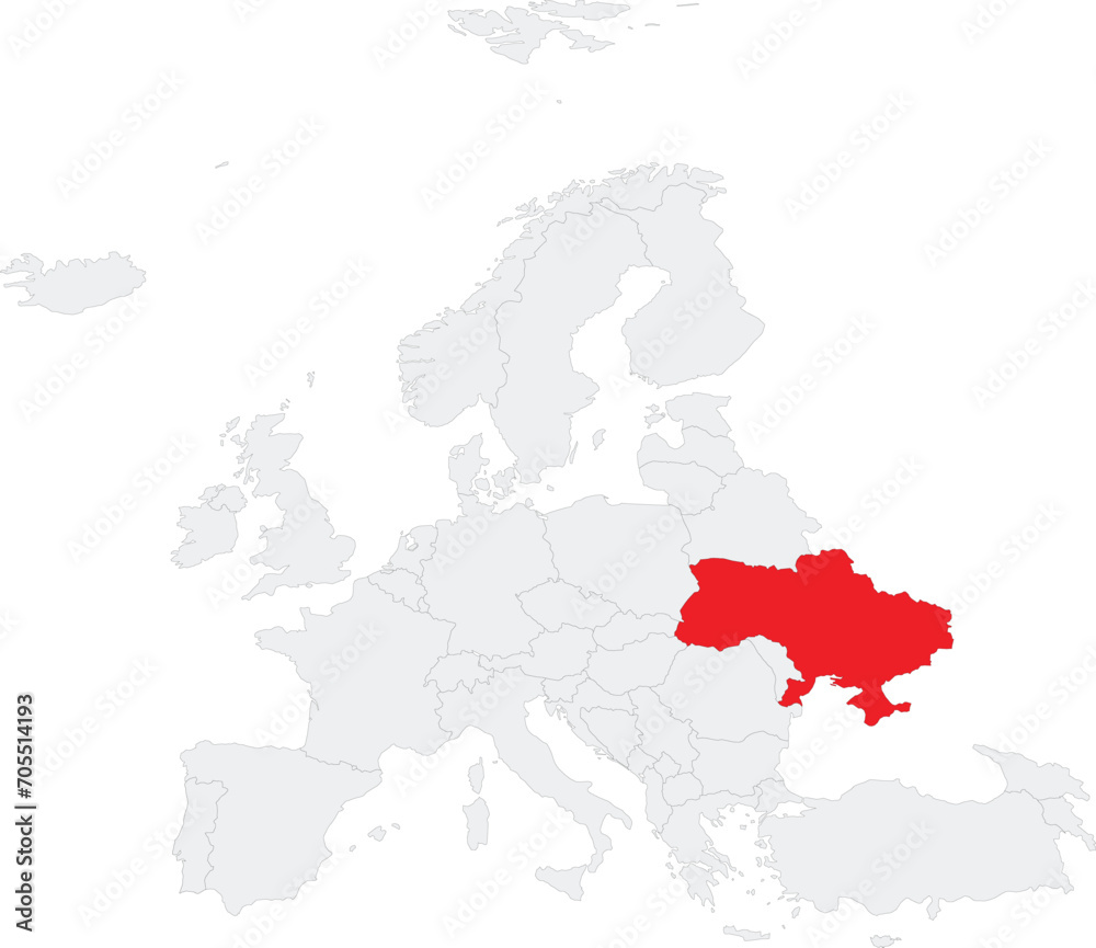 Red CMYK national map of UKRAINE inside gray blank political map of ...