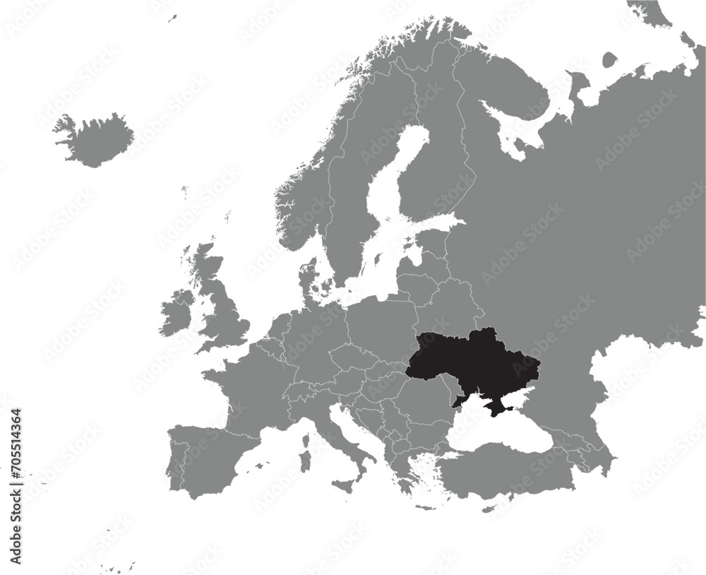 Black CMYK national map of UKRAINE inside detailed gray blank political ...