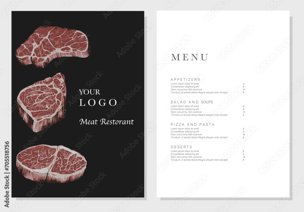 Meat restaurant menu template with hand-drawn fish. Brand style vector ...