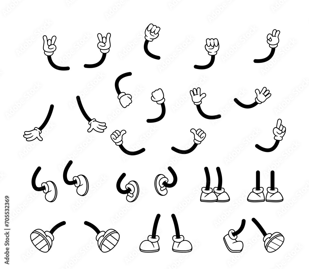 Isolated Hands and Legs in Cartoon Retro Style. Comic Foot In Shoes and ...