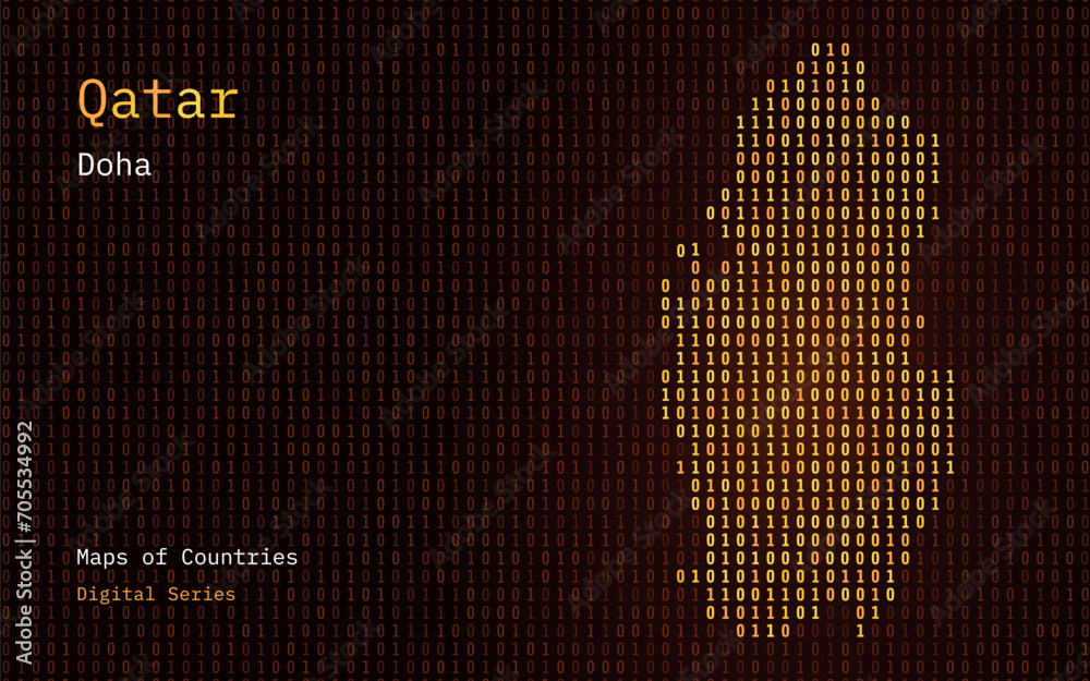 Qatar Map Shown in Binary Code Pattern. TSMC. Gold Matrix numbers, zero ...