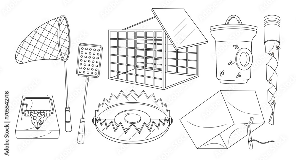 Monochrome Vector Set of Animal Traps. Snares, Leg-hold Traps, And Cage ...