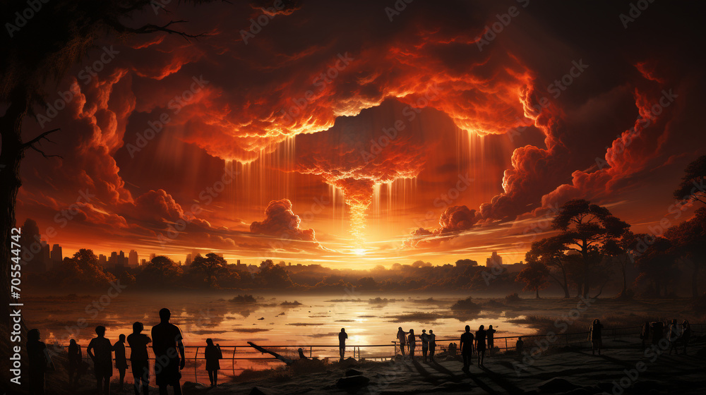 Human extinction event. the iconic shape of a colored nuclear smoke ...