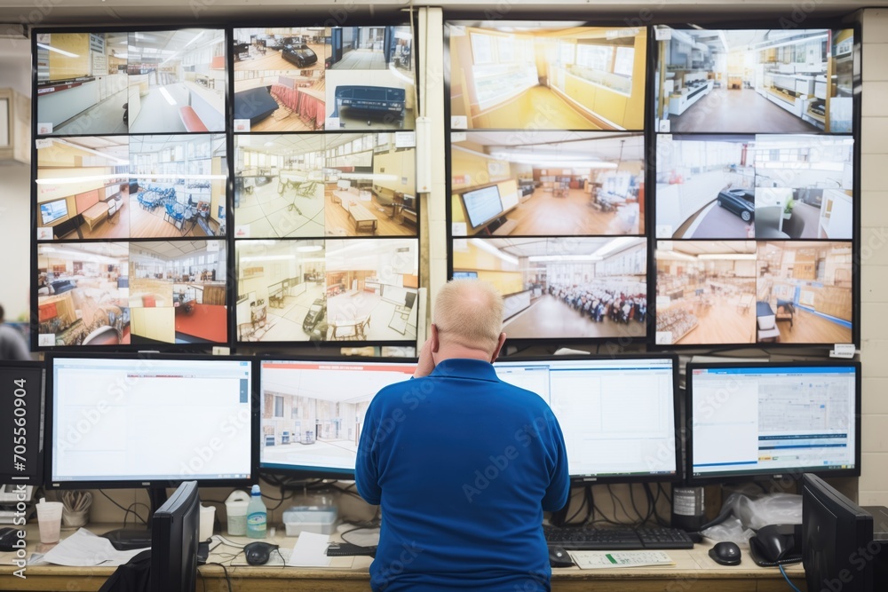 person with multiple cctv screens on wall showing different locations ...