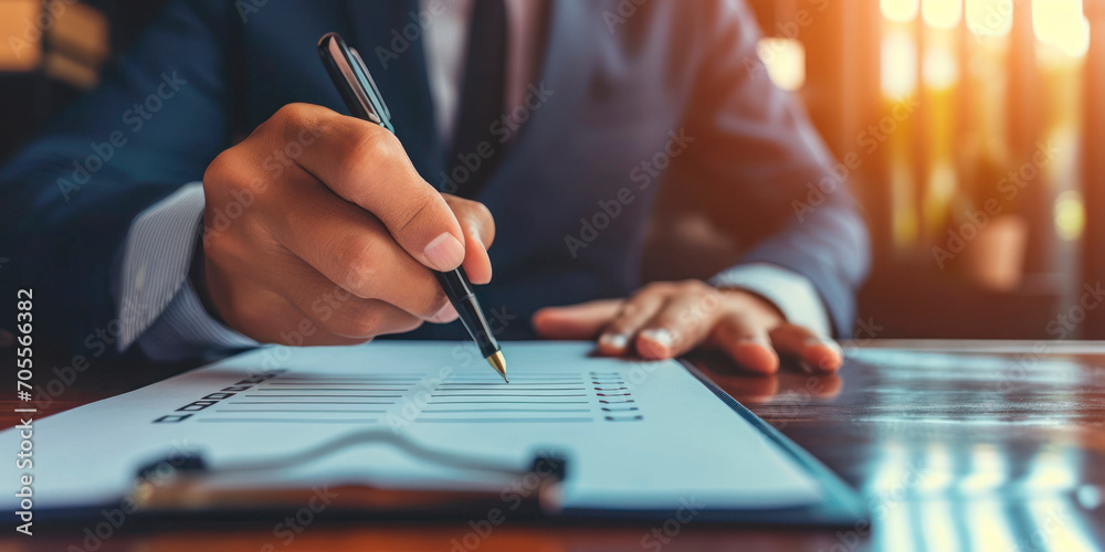 Businessman using pen to mark in checkbox for quality document control ...