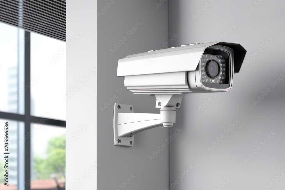 CCTV cameras hanging on the wall, and security cameras are installed on ...