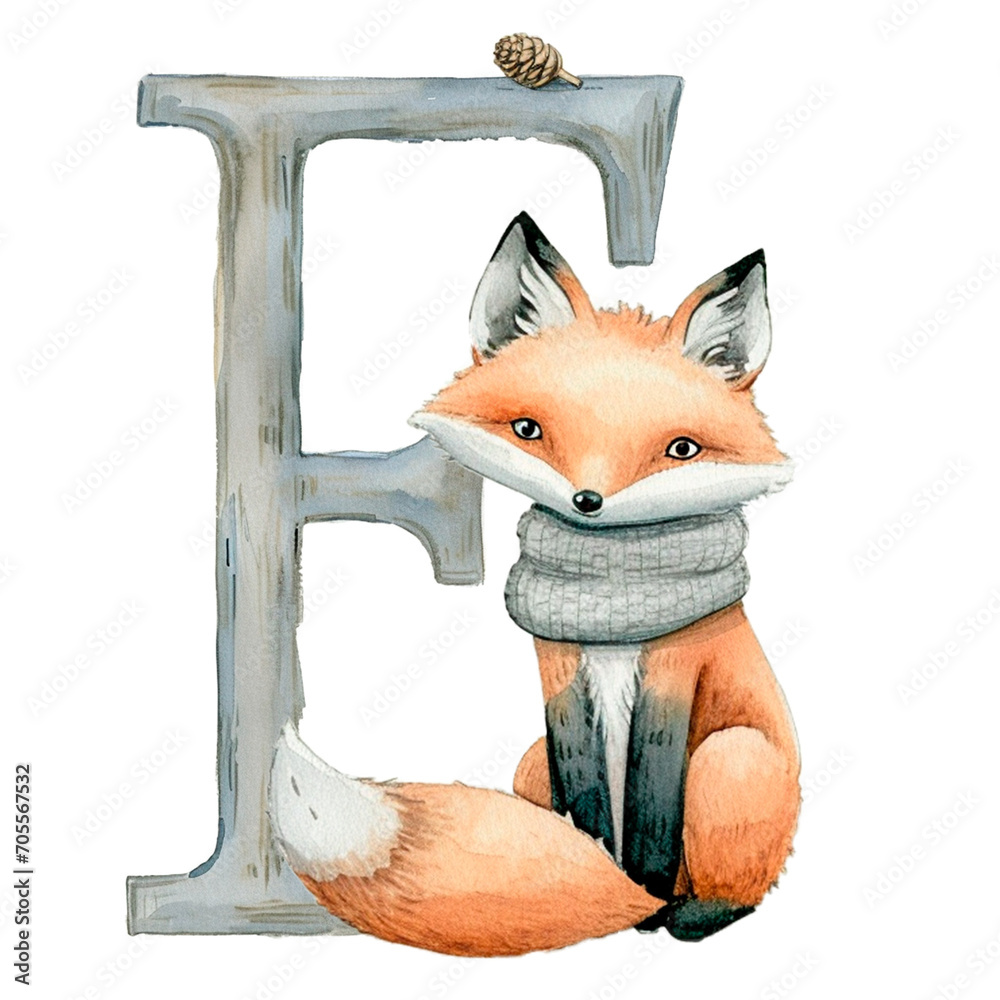 Watercolor Animal alphabet letters. Cute baby animal letter F with fox ...
