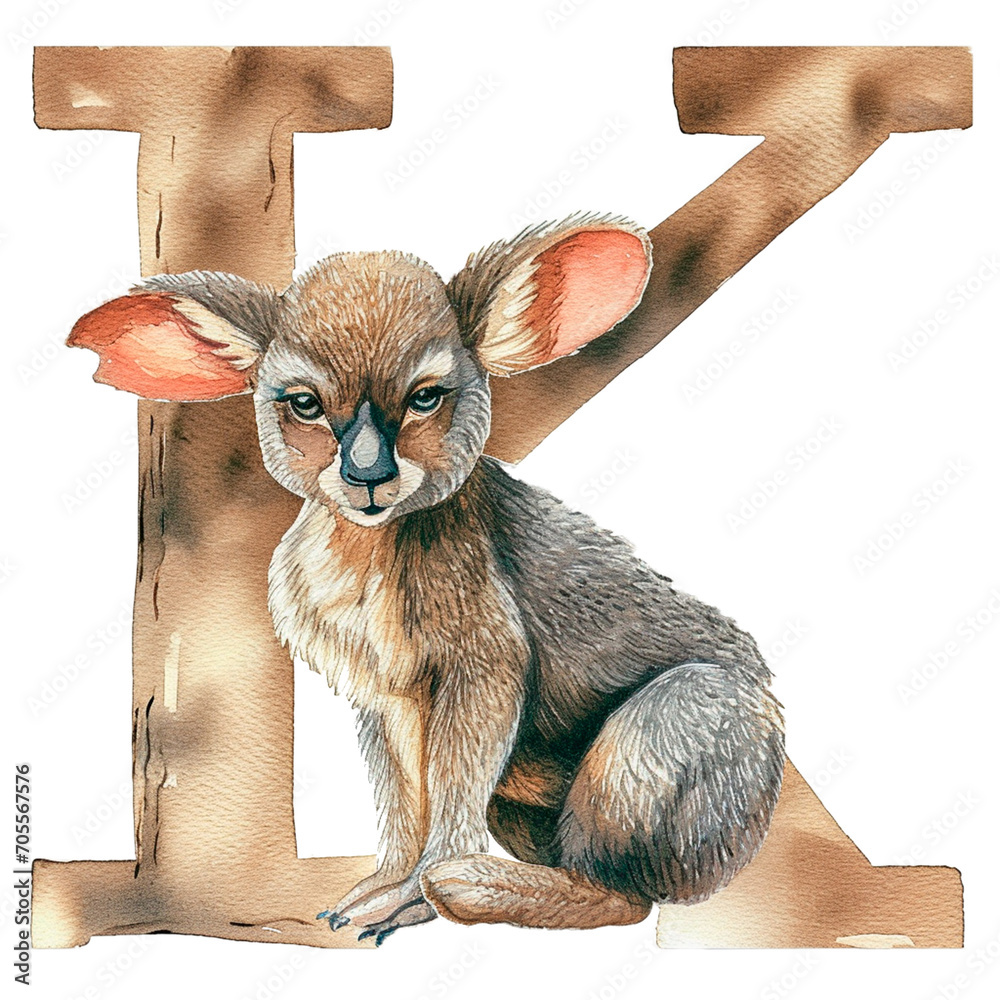 Watercolor Animal alphabet letters. Cute baby animal letter K with ...