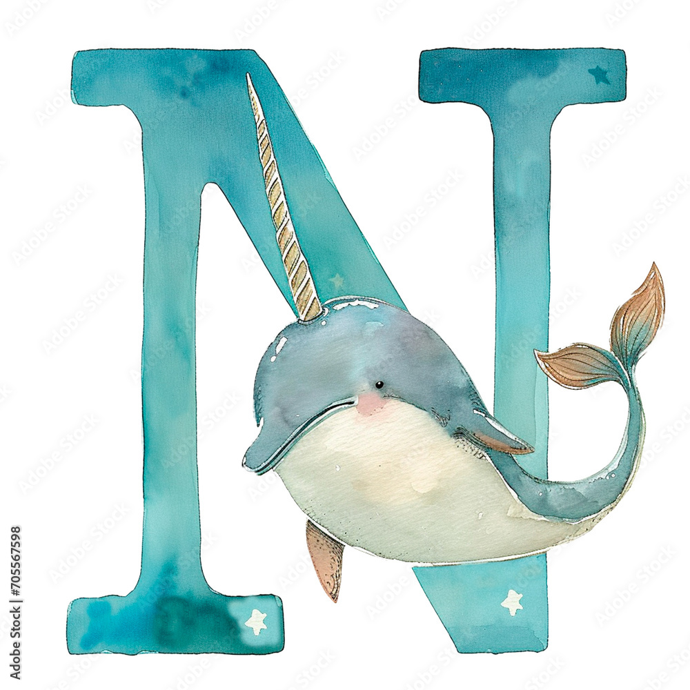 Watercolor Animal alphabet letters. Cute baby animal letter N with ...
