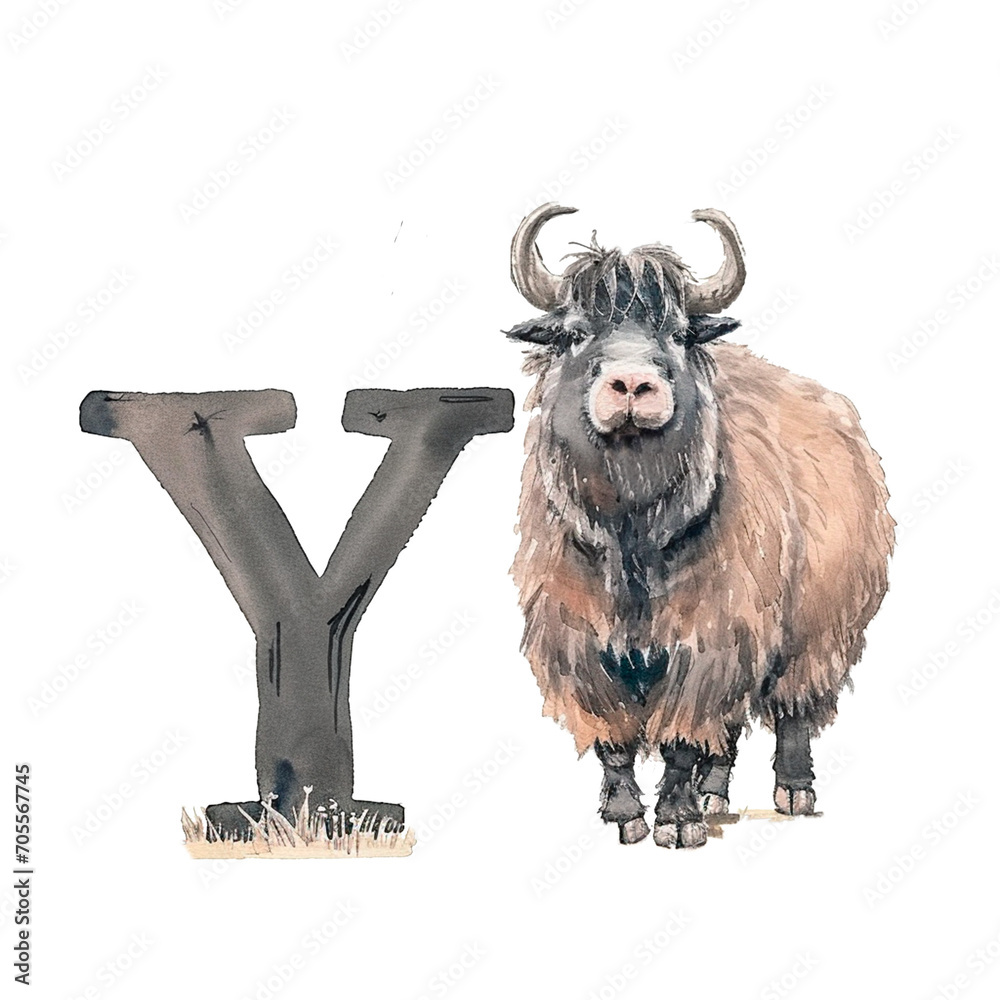 Watercolor Animal alphabet letters. Cute baby animal letter Y with yak ...