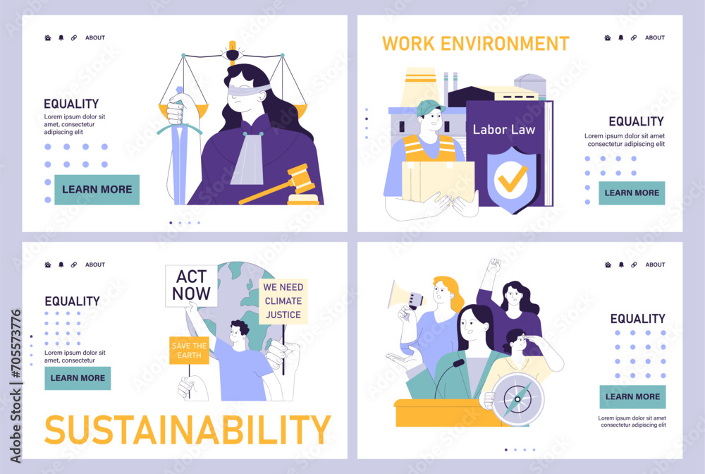 Social equity web or landing set. Civil society teamwork, environmental ...