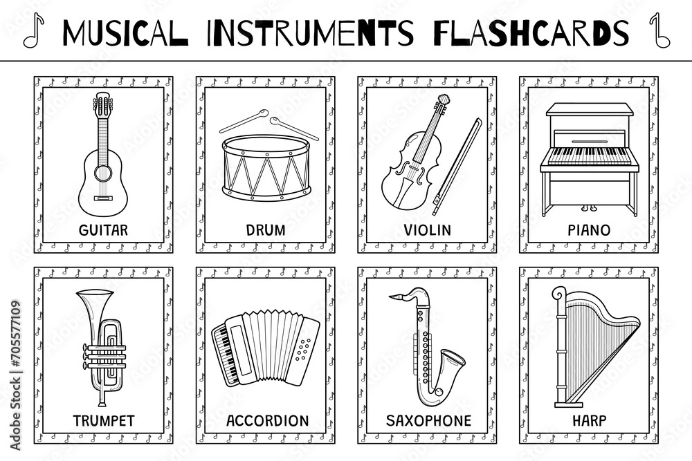 Musical instruments black and white flashcards collection. Flash cards ...