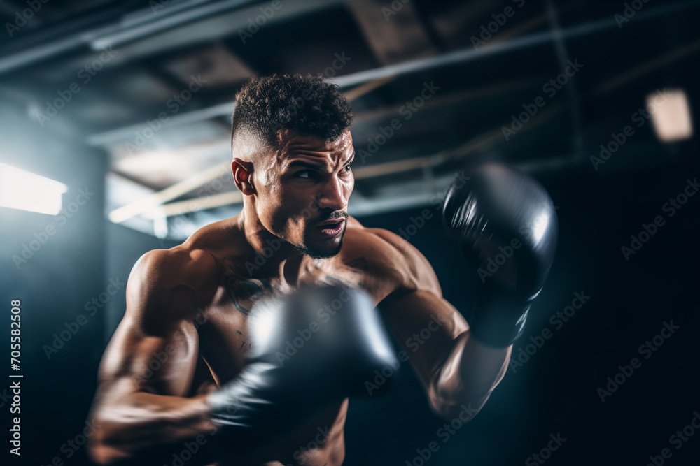 Generative AI image of a dynamic Hispanic male boxer throwing a punch ...