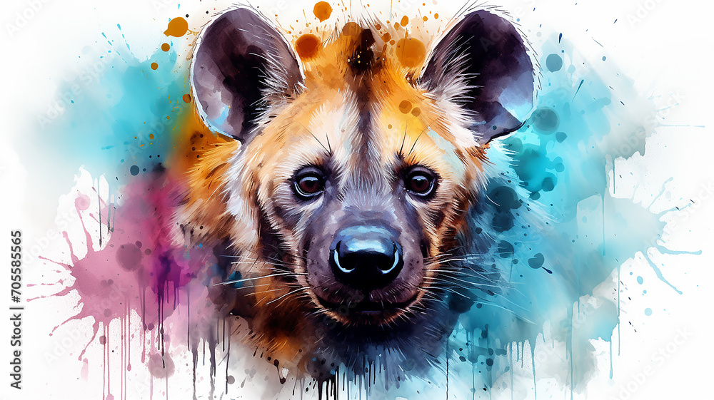 hyena portrait, head on white background, illustration of paint spots ...