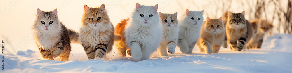 group of cats long narrow panoramic view in a dynamic pose running ...
