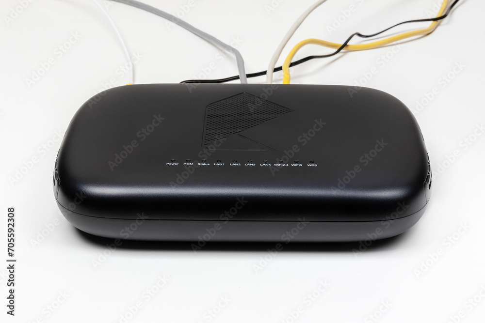 Krasnodar, Russia - December 28, 2023: black gpon subscriber terminal ...