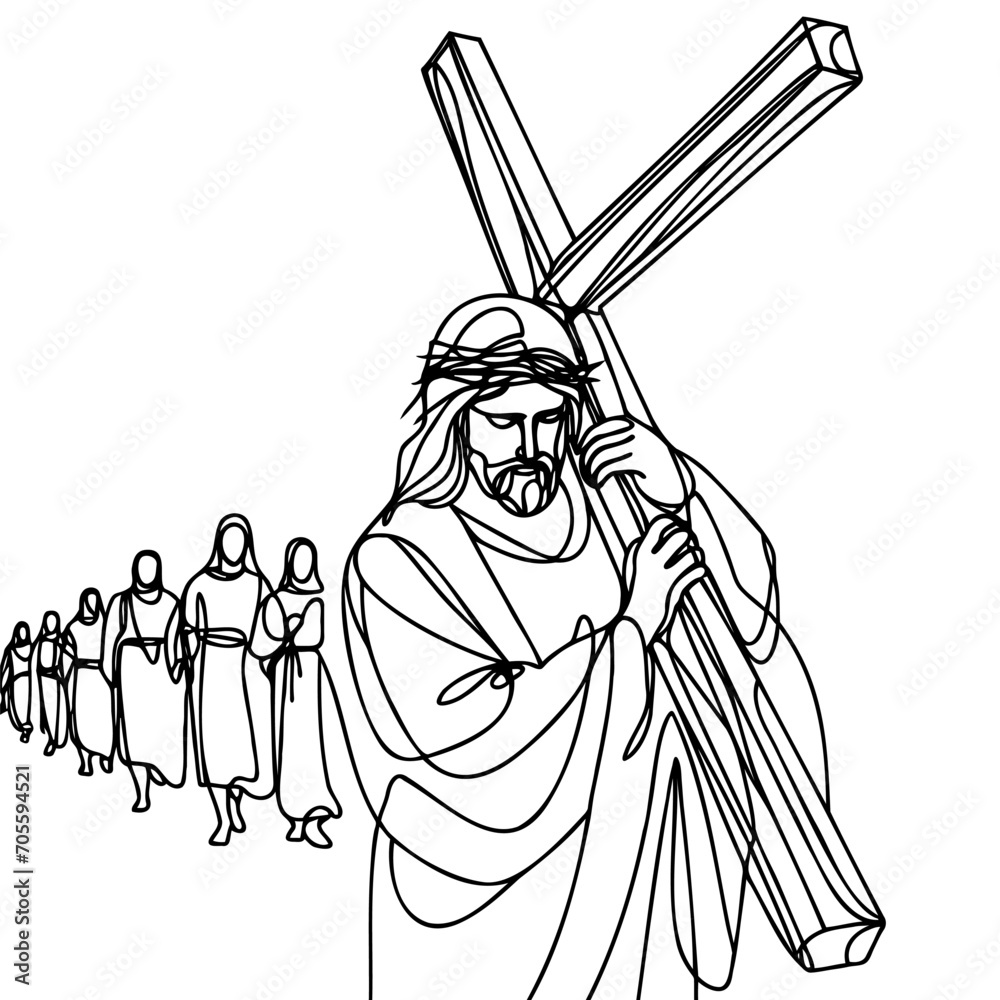 drawing of jesus christ carrying the cross drawn continuous line ...