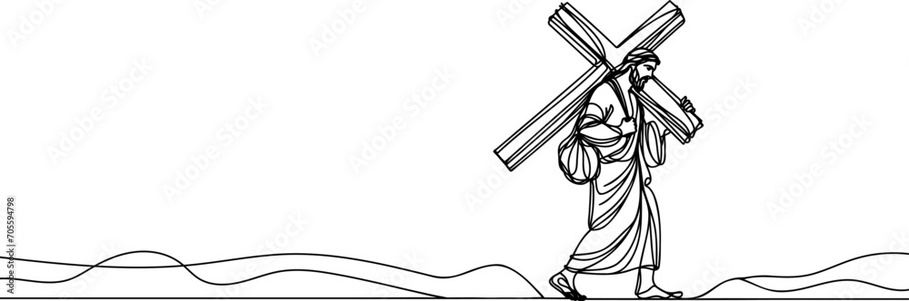 drawing of jesus christ carrying the cross drawn continuous line ...