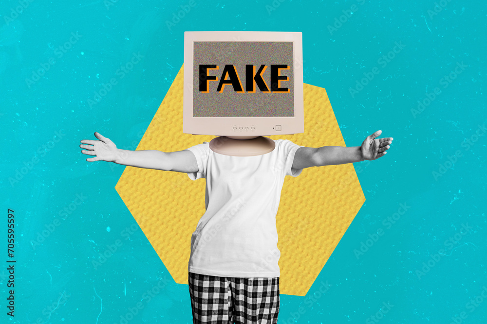 Horizontal photo collage of headless human with computer monitor ...