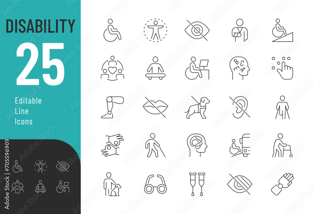 Disability Line Editable Icons set. Vector illustration in modern thin ...
