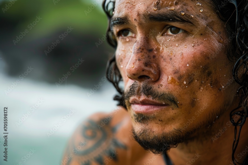A rugged man stands in the rain, his wet hair and beard framing his ...