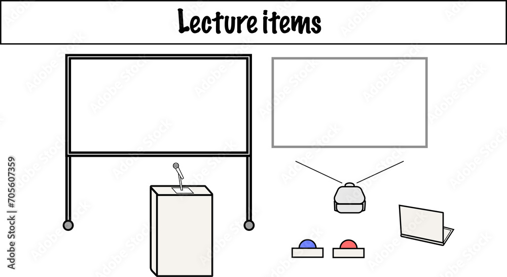 vector illustration of lecture items such as a whiteboard, a mike, a ...