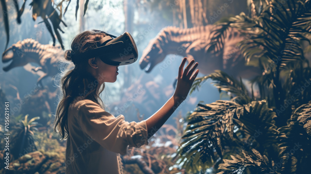 Young woman wearing a virtual reality headset using it to visualize a ...