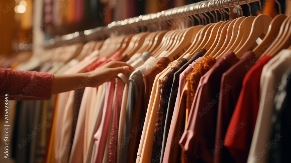 Partial view of woman choosing clothing in boutique, banner, hand of ...