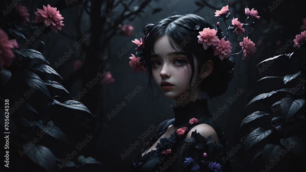 Elegant cute girl aesthetic model in a moody floral forest ultra ...