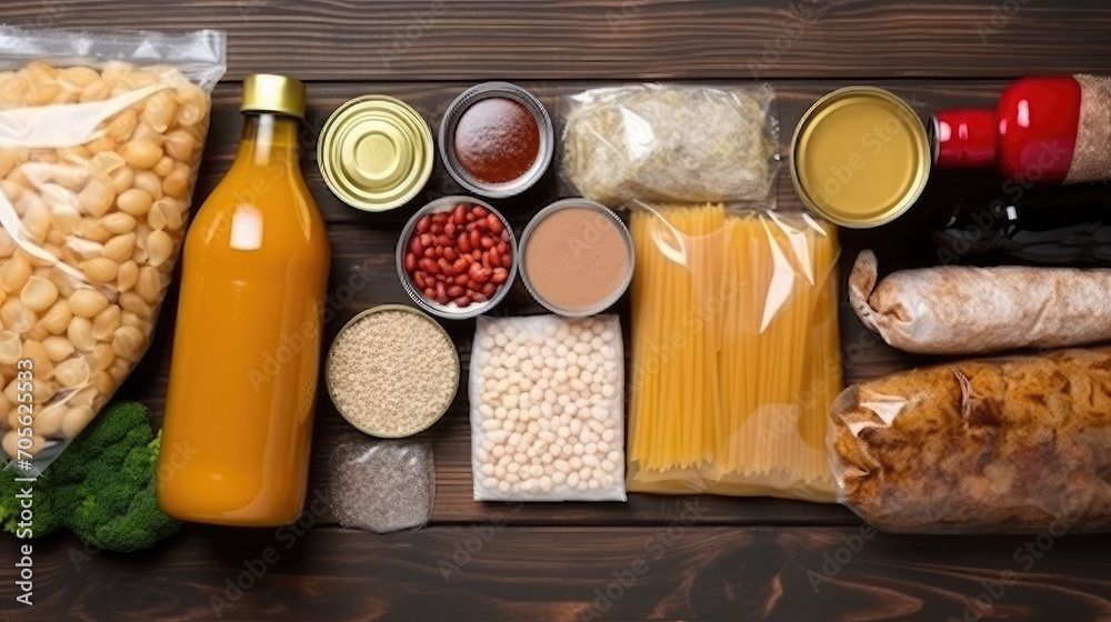 A variety of food items on a wooden table suitable for food blogs ...
