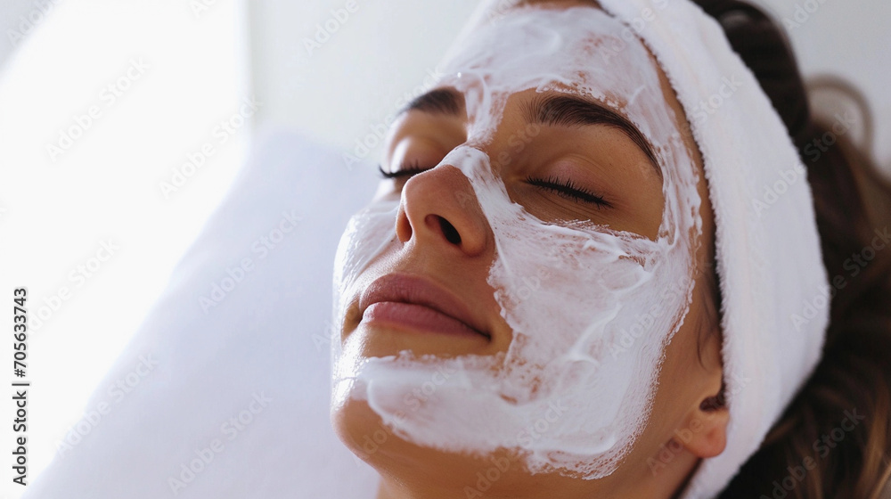 Cream facial mask on the face of a beautiful woman client in her 20s at ...