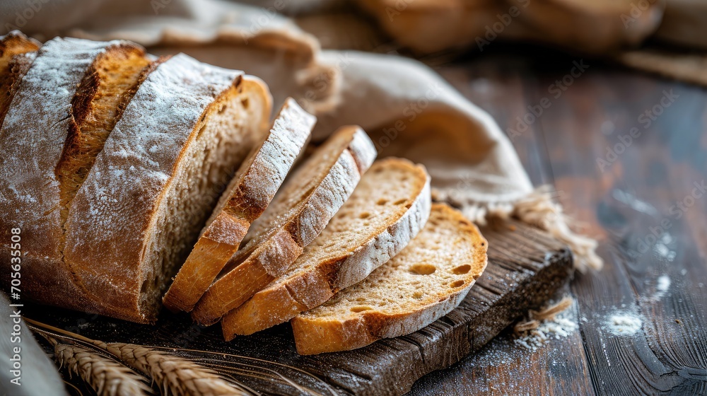 Bread, traditional sourdough bread cut into slices on a rustic wooden ...