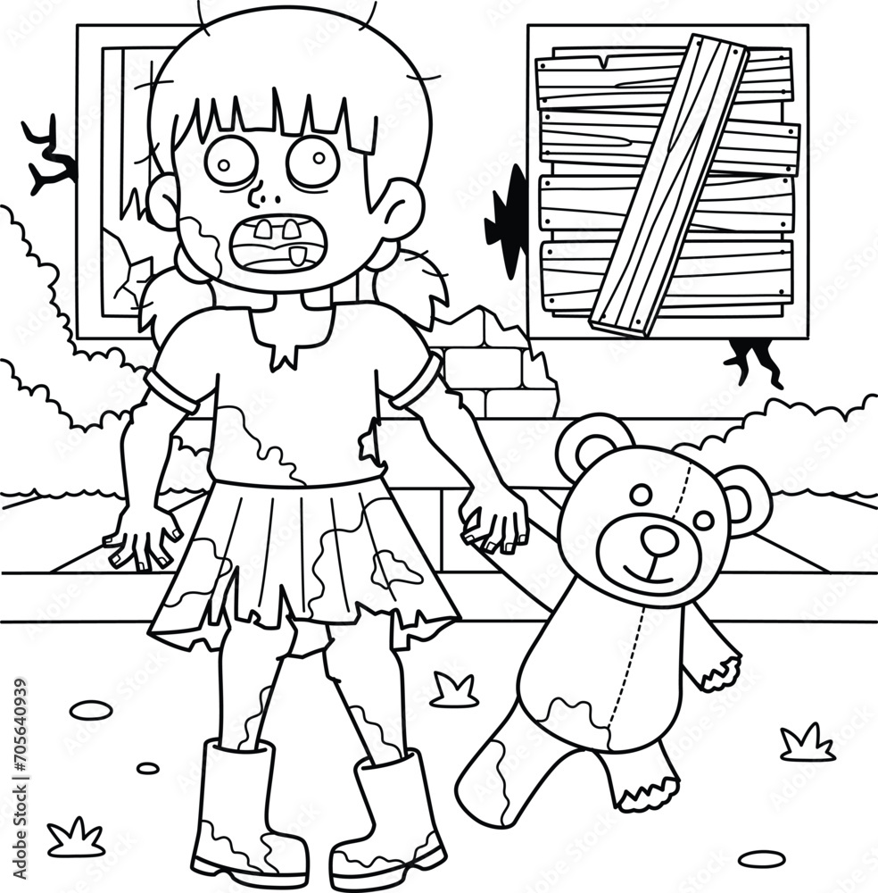 Zombie Child with Plushie Coloring Page for Kids Stock Vector | Adobe Stock