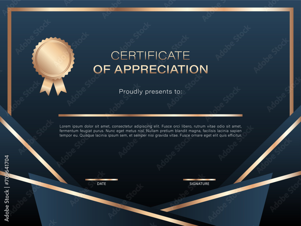 Dark blue certificate template with gold badge and frame. Award ...