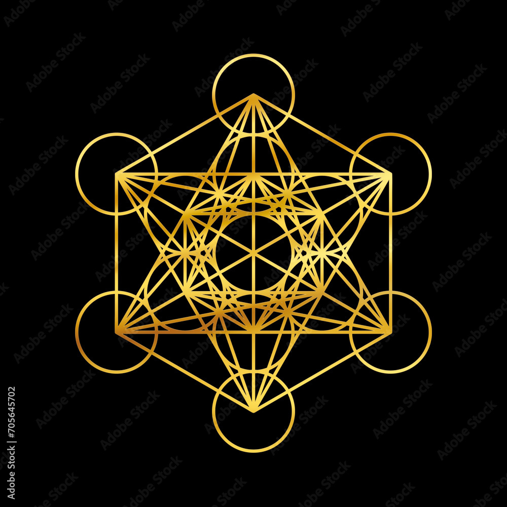 Metatron cube gold symbol isolated on black background. Sacred geometry ...