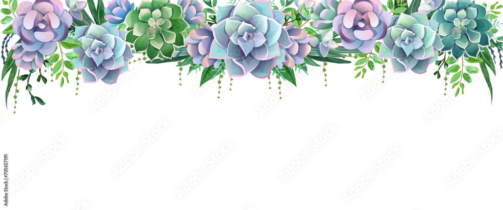 Greenery, succulent and branches top frame border with copy space on ...