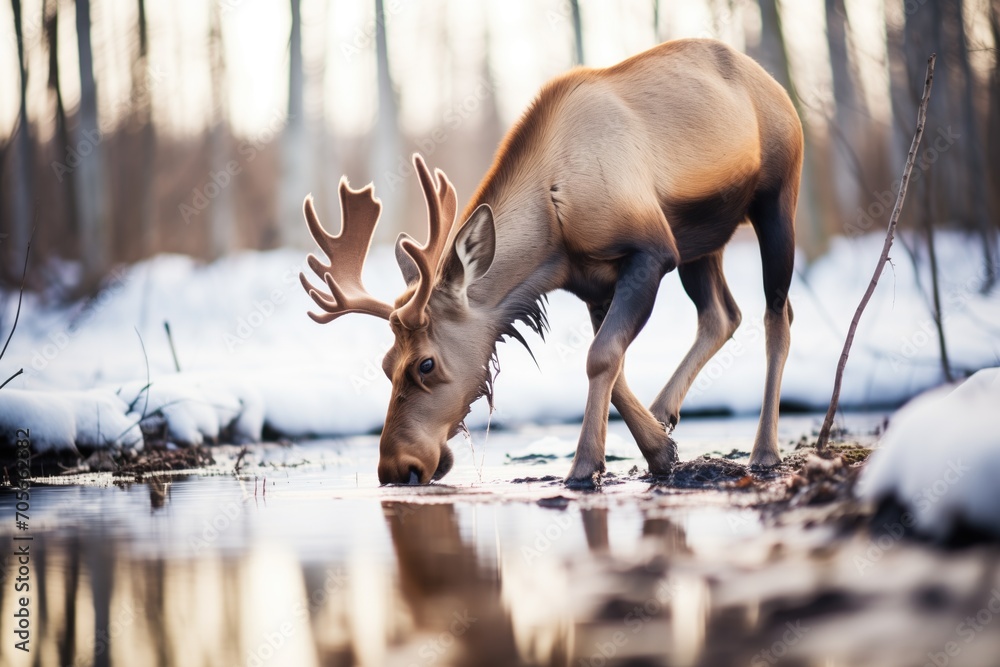 moose bending down to drink from a snow-melt pond Stock-Foto | Adobe Stock