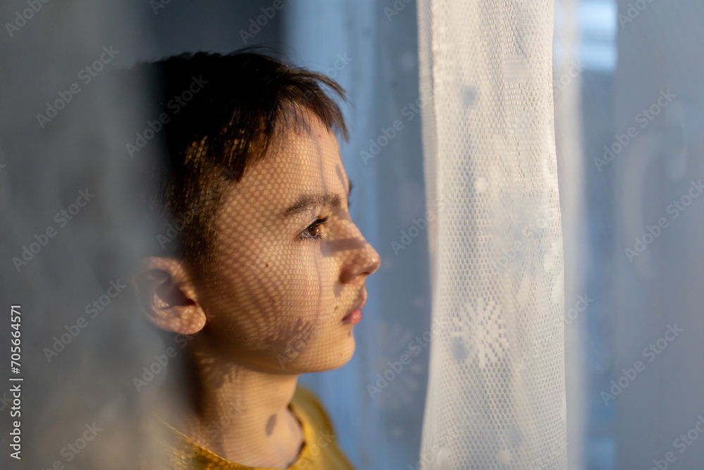 Artistic portrait of a teenage boy, standing next to a window, shadows ...